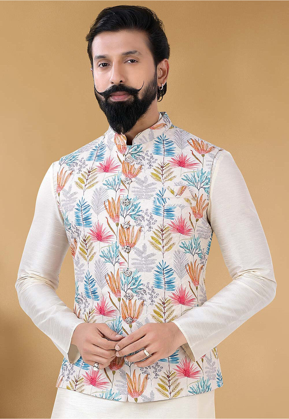 Buy Digital Printed Cotton Nehru Jacket in Off White Online : MUY767 - Utsav Fashion