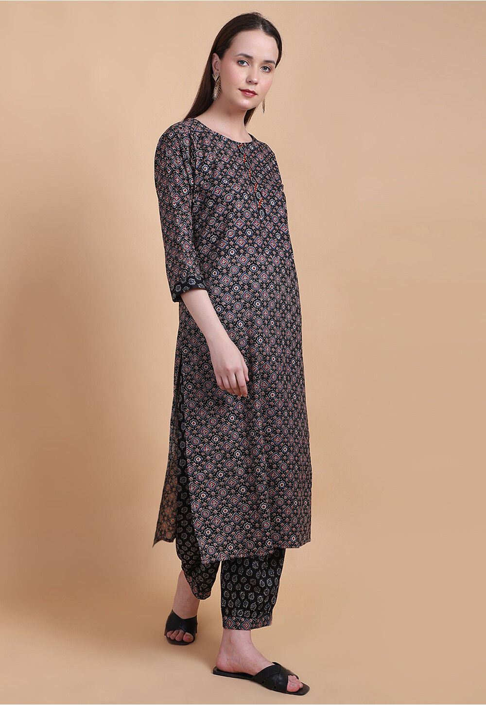 Buy Digital Printed Poly Cotton Straight Kurta Set in Black Online ...