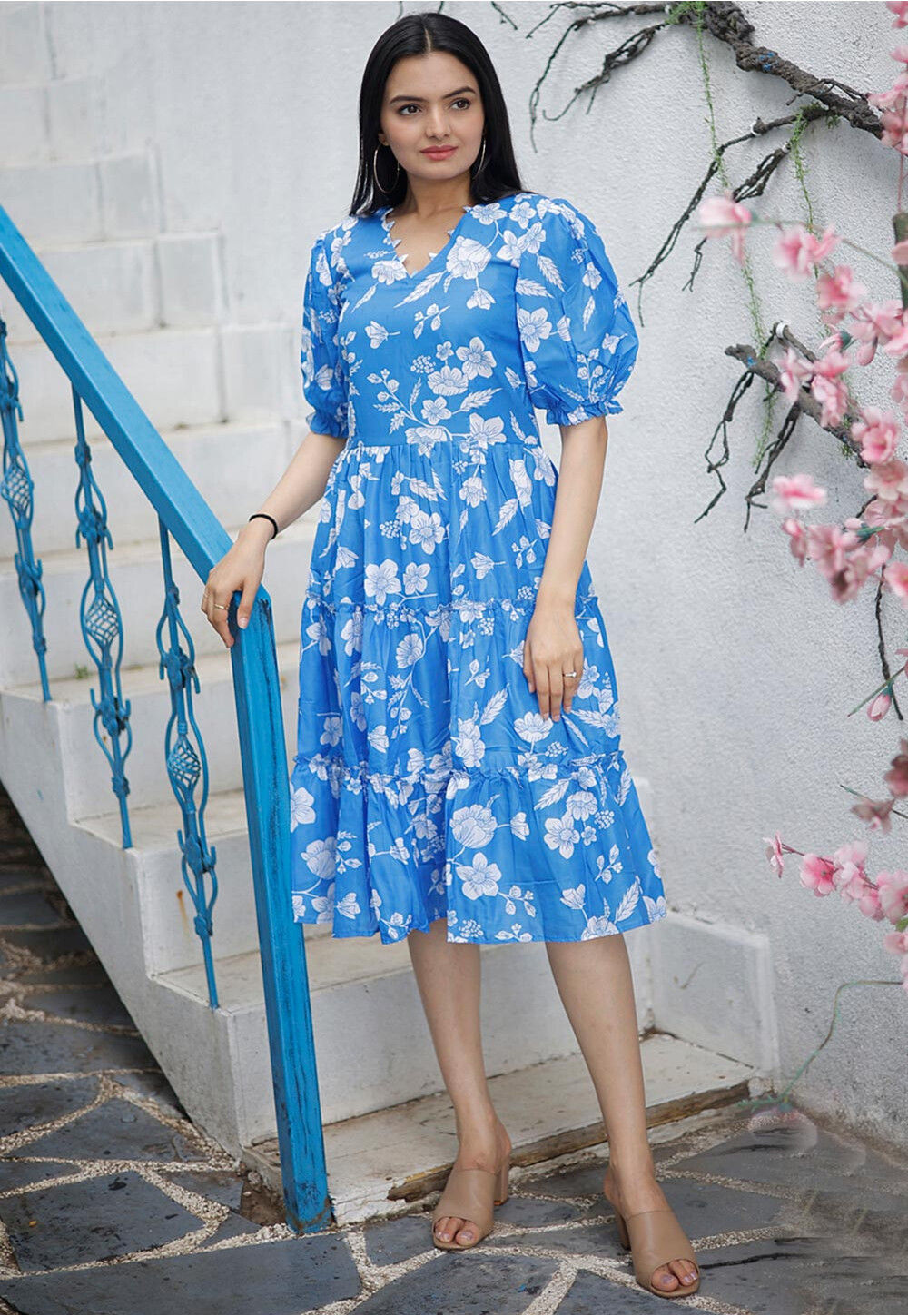 Buy Digital Printed Polyester Aline Dress in Blue Online : TFJ135 ...