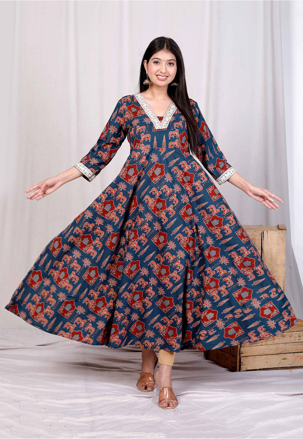 Buy Digital Printed Pure Cotton A Line Kurta in Teal Blue Online ...
