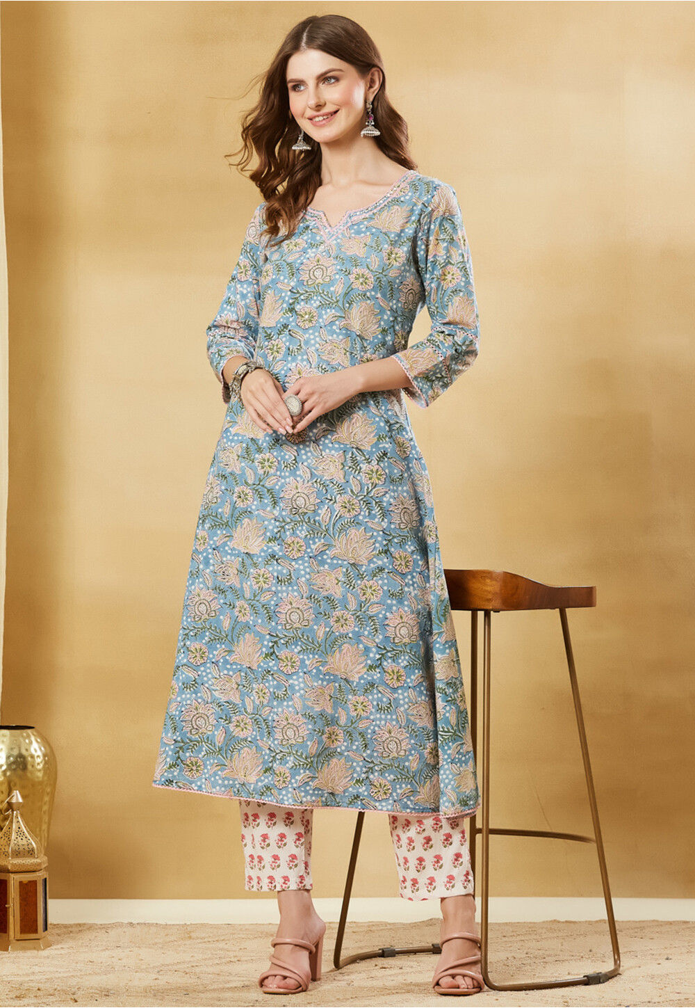 Buy Digital Printed Pure Cotton A Line Kurta Set in Blue Online ...