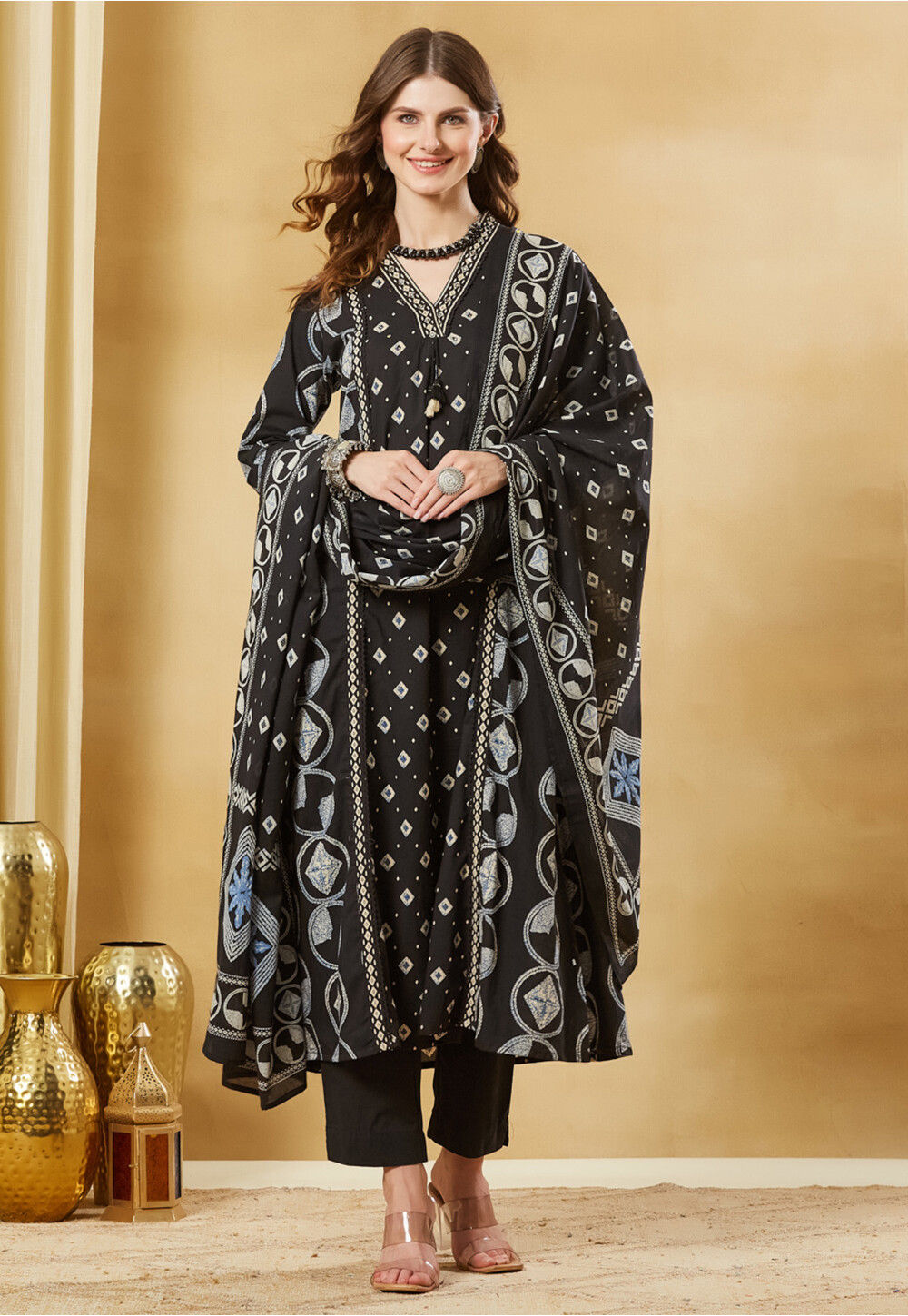 Buy Digital Printed Pure Cotton A Line Suit in Black Online : KJX279 ...