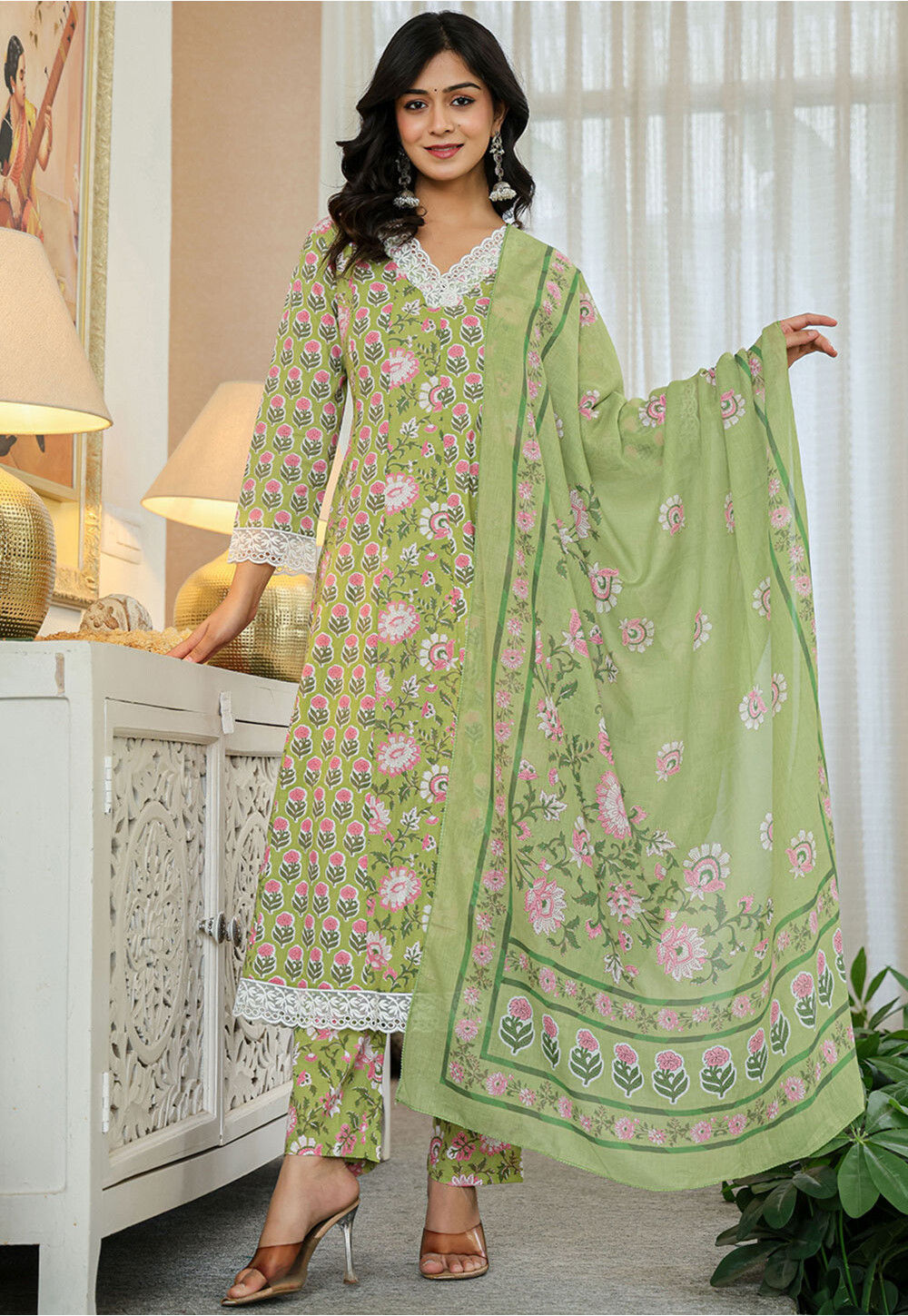 Buy Digital Printed Pure Cotton A Line Suit in Light Green Online ...