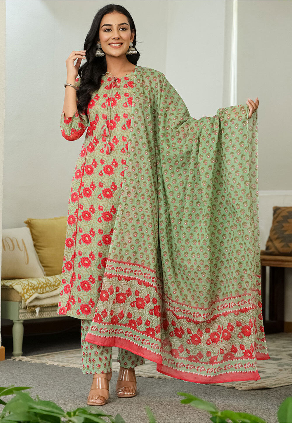 Buy Digital Printed Pure Cotton A Line Suit in Light Green Online ...