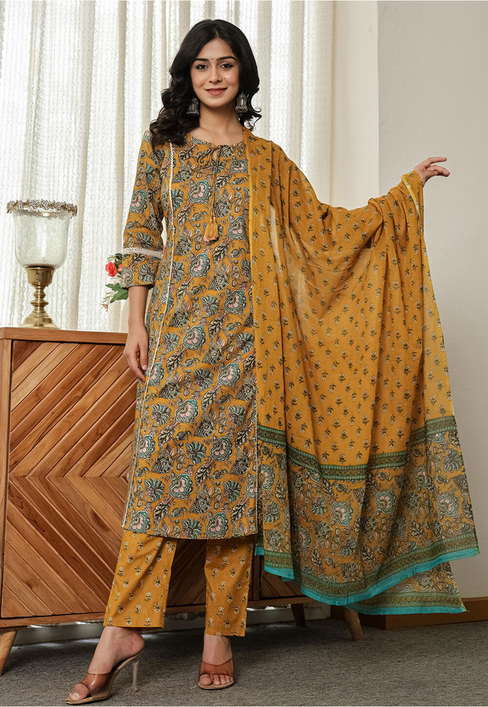 Buy Digital Printed Pure Cotton A Line Suit in Mustard Online : KJL2318 ...
