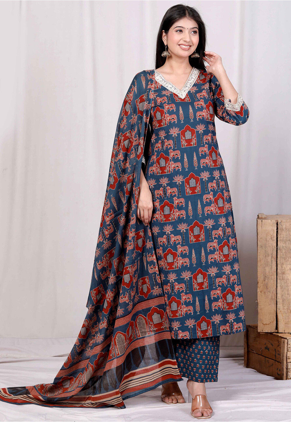 Buy Digital Printed Pure Cotton A Line Suit in Teal Blue Online ...