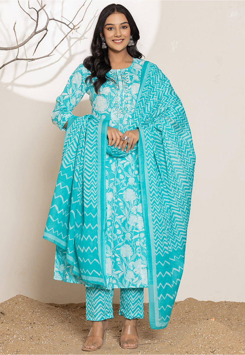 Buy Digital Printed Pure Cotton A Line Suit in Turquoise Online ...