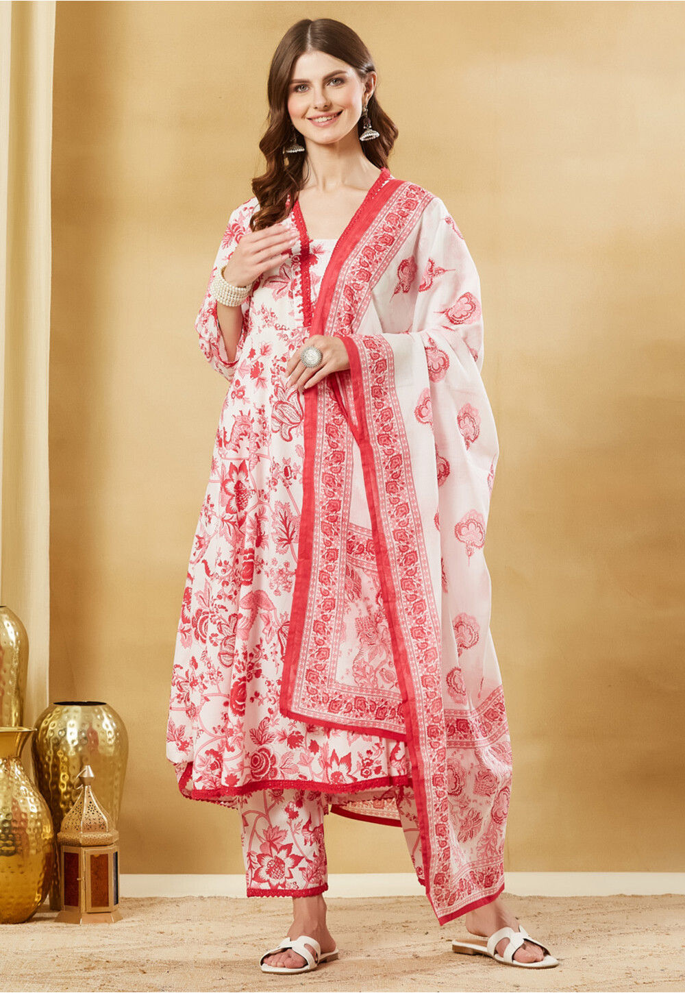 Buy Digital Printed Pure Cotton A Line Suit in White Online : KJX291 ...