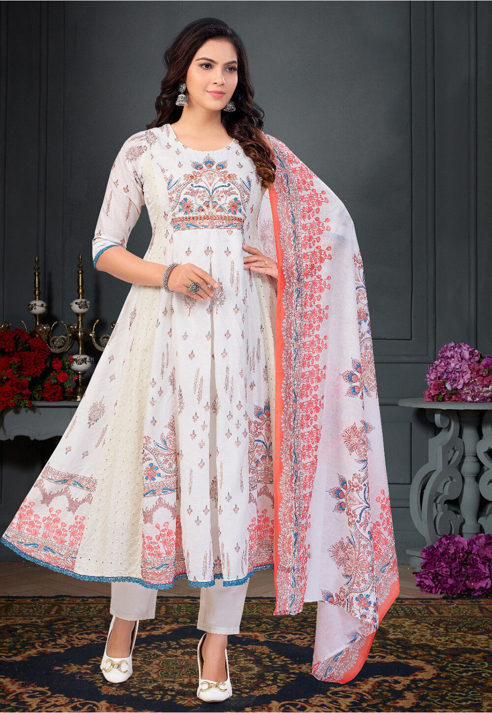 Buy Digital Printed Pure Cotton A Line Suit in White Online : KRD1145 ...