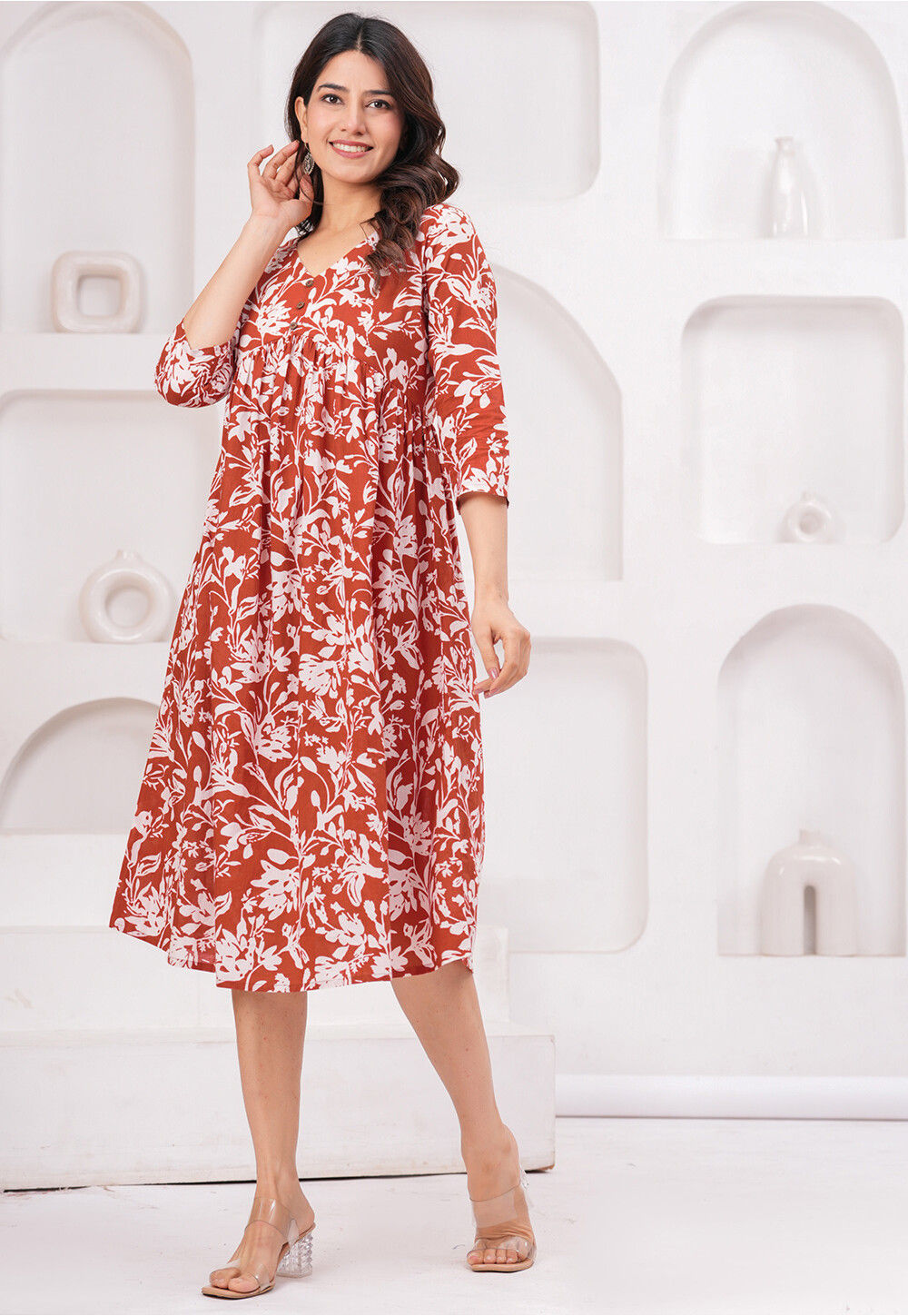 Buy Digital Printed Pure Cotton Midi Dress in Brown Online : TEN261 ...