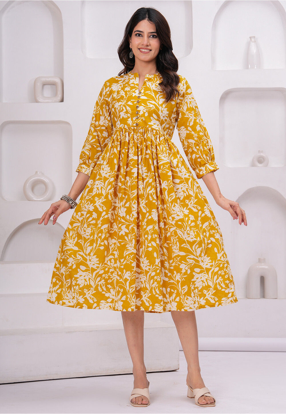 Buy Digital Printed Pure Cotton Midi Dress in Mustard Online : TEN259 ...