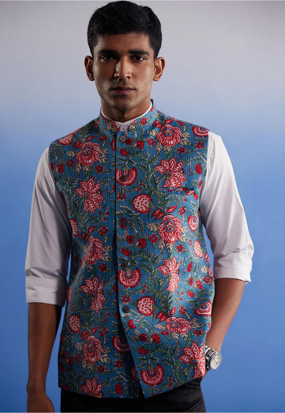 Buy Digital Printed Pure Cotton Nehru Jacket in Blue Online : MTR4882 ...