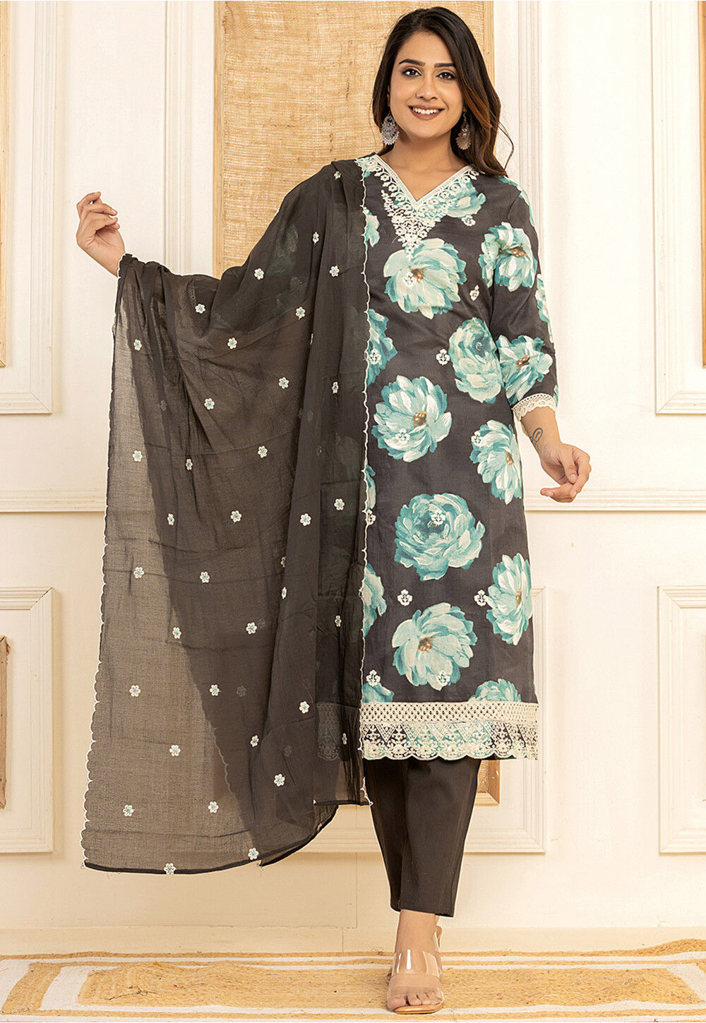 Buy Digital Printed Pure Cotton Pakistani Suit in Dark Grey Online ...