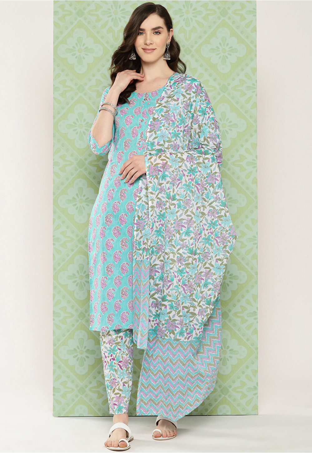 Buy Digital Printed Pure Cotton Pakistani Suit in Turquoise Online ...