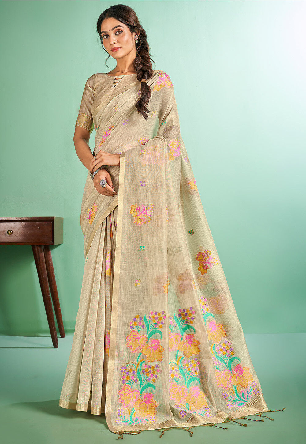 Buy Digital Printed Pure Cotton Saree in Beige Online : SEW16050 ...