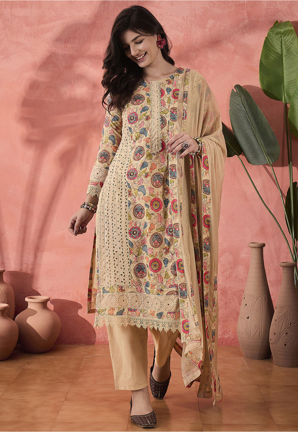 Buy Digital Printed Pure Cotton Scalloped Pakistani Suit in Beige ...