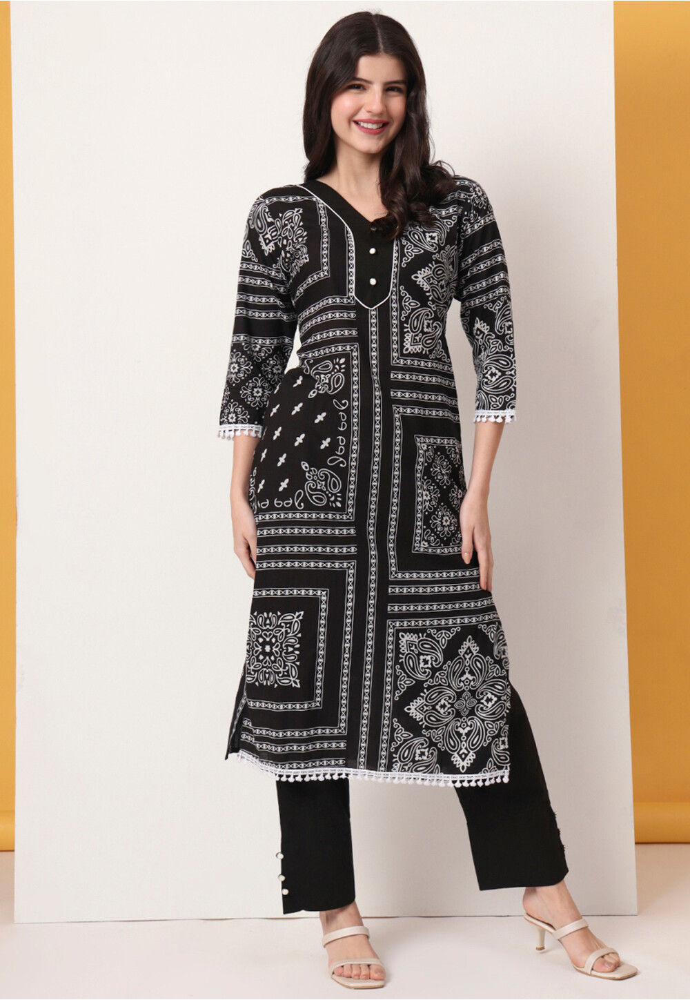 Buy Digital Printed Pure Cotton Straight Kurta Set in Black Online ...