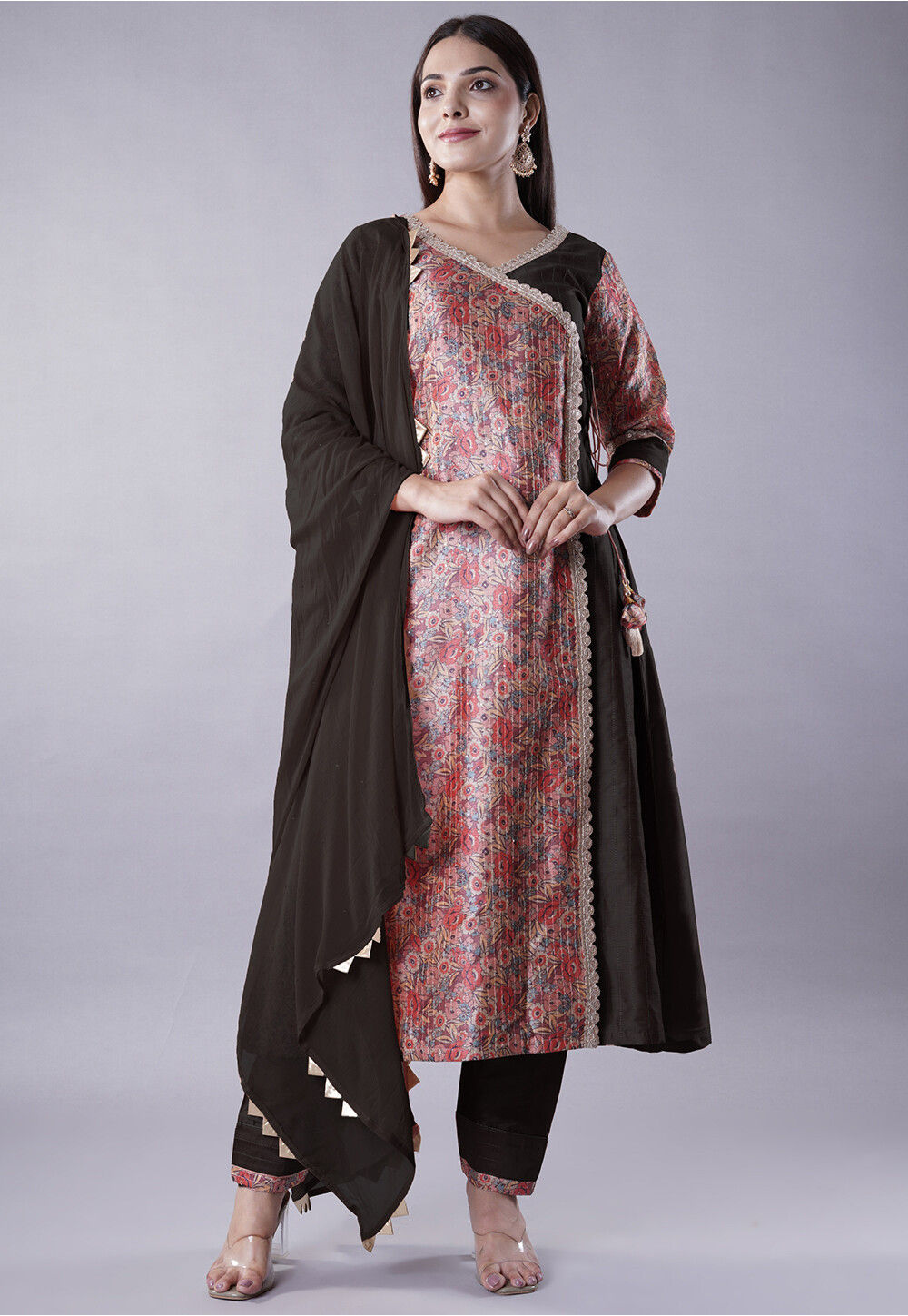 Buy Digital Printed Raw Silk Aline Suit in Black and Multicolor Online ...