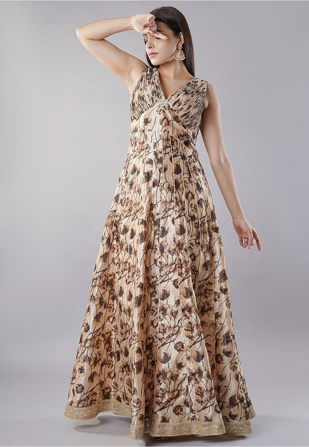 Buy Digital Printed Raw Silk Gown in Beige Online : TBN188 - Utsav Fashion