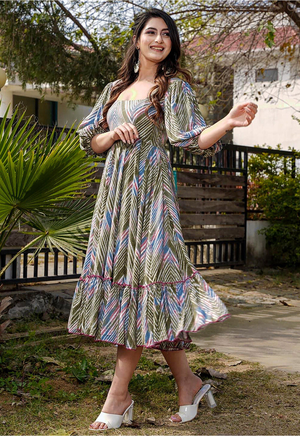 Buy Digital Printed Rayon Aline Dress in Olive Green Online : TQH40 ...