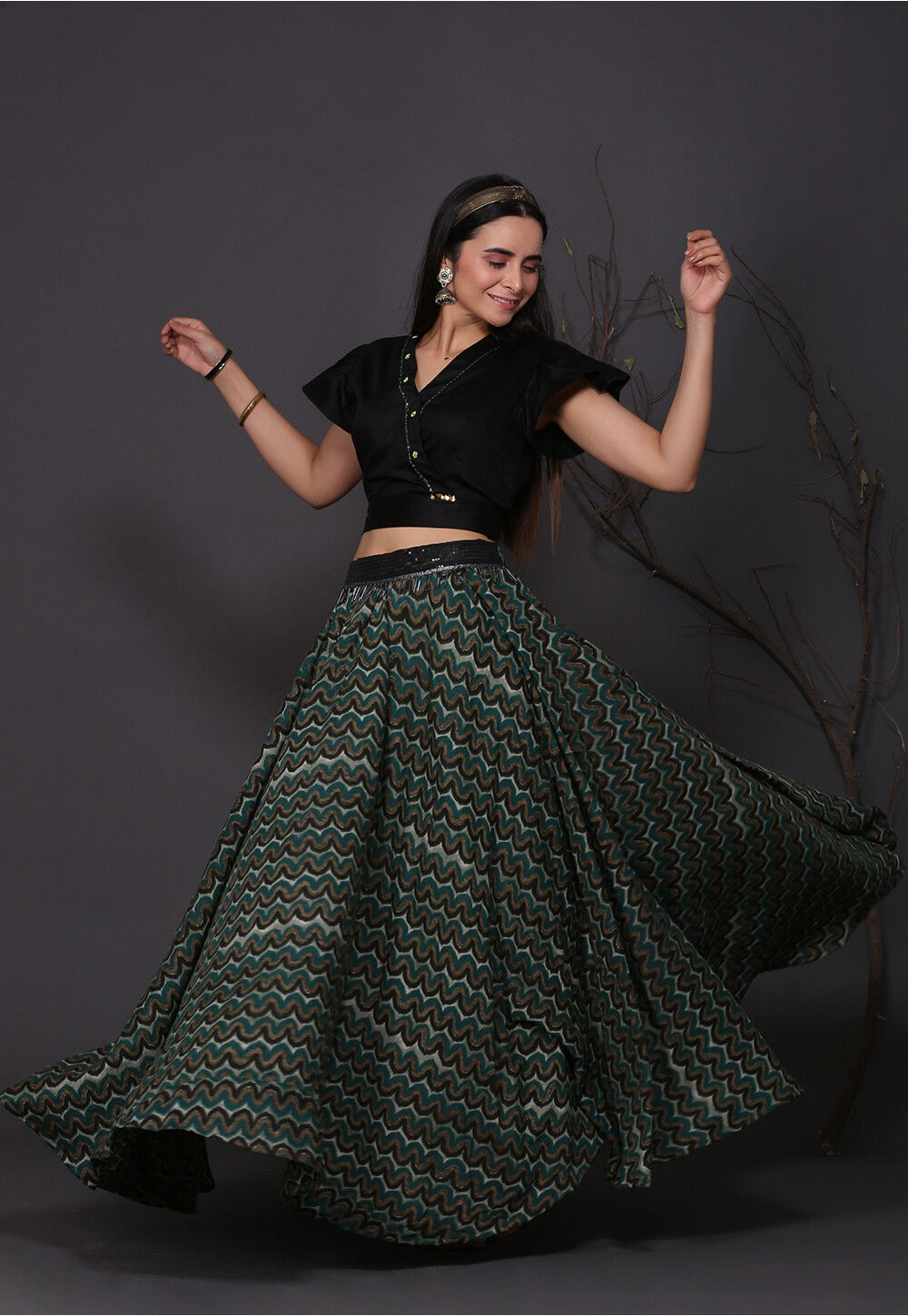 Buy Digital Printed Rayon Crop Top Set in Black Online : TZT52 - Utsav ...