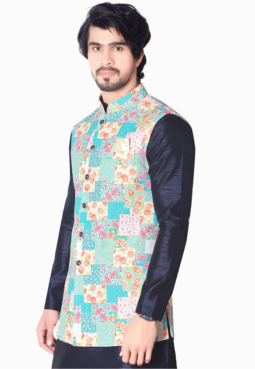 Buy Digital Printed Rayon Long Nehru Jacket in Sky Blue Online ...