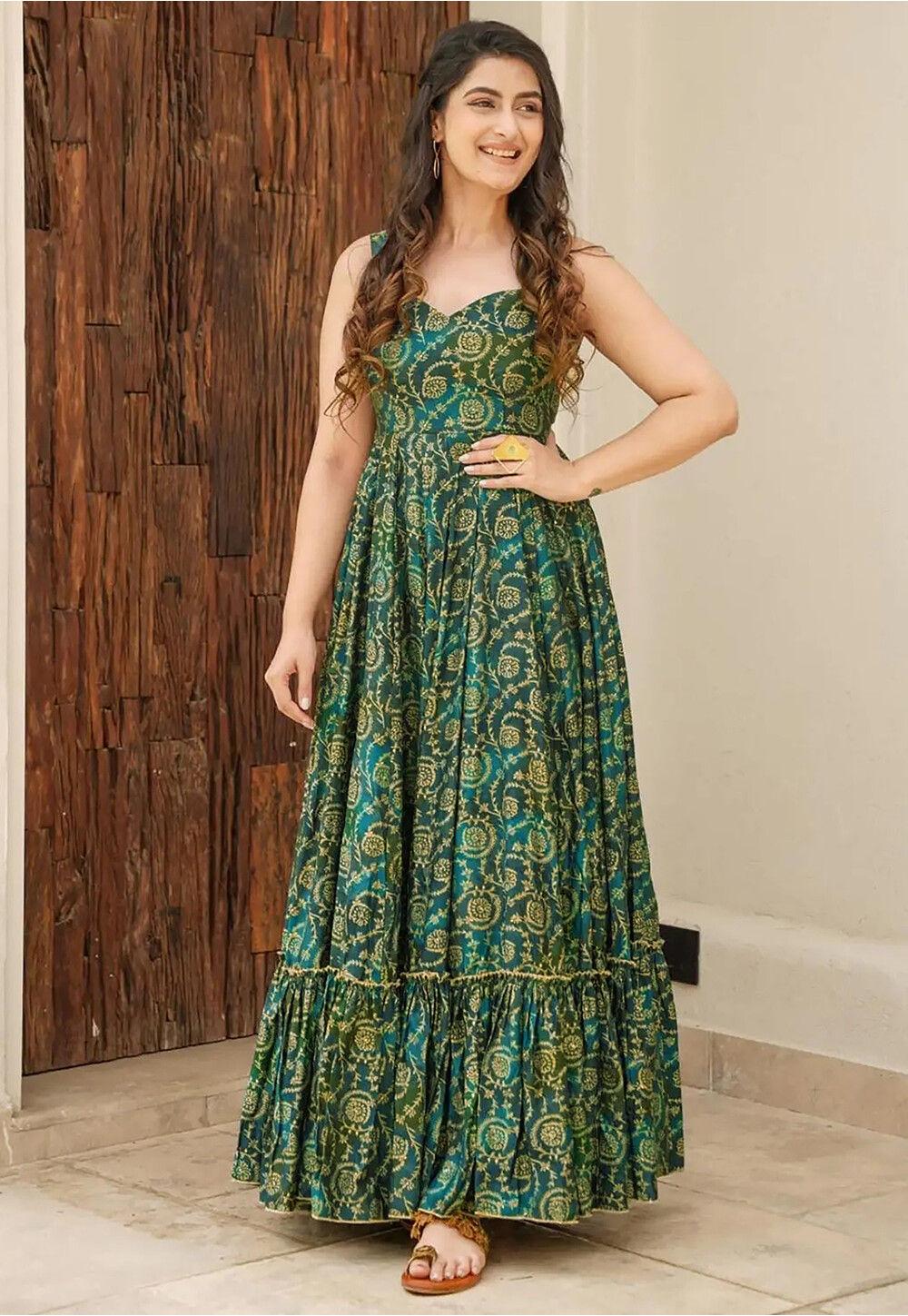 Buy Digital Printed Rayon Maxi Dress in Green Online : TQH51 - Utsav ...