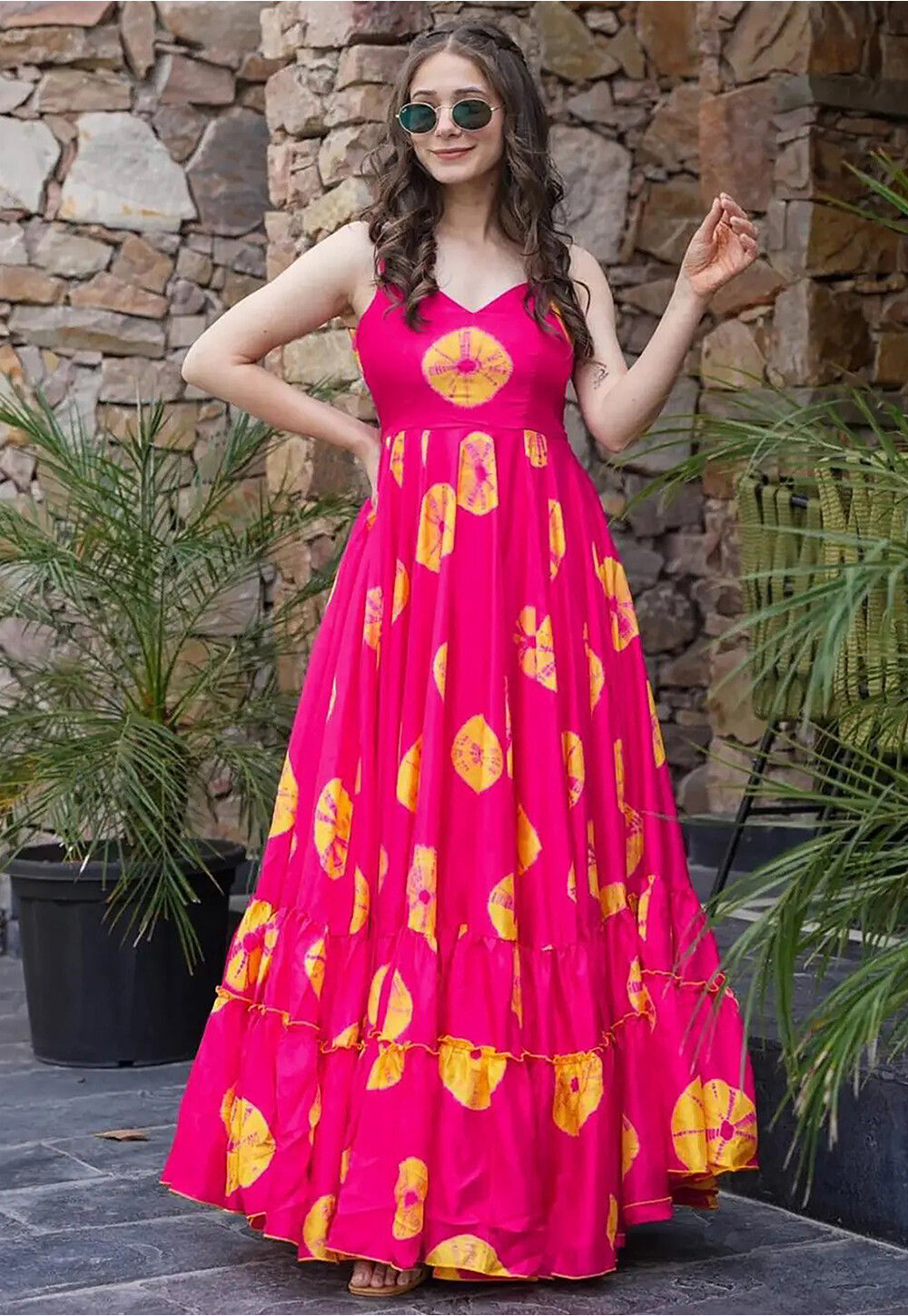 Buy Digital Printed Rayon Maxi Dress in Pink Online : TQH46 - Utsav Fashion