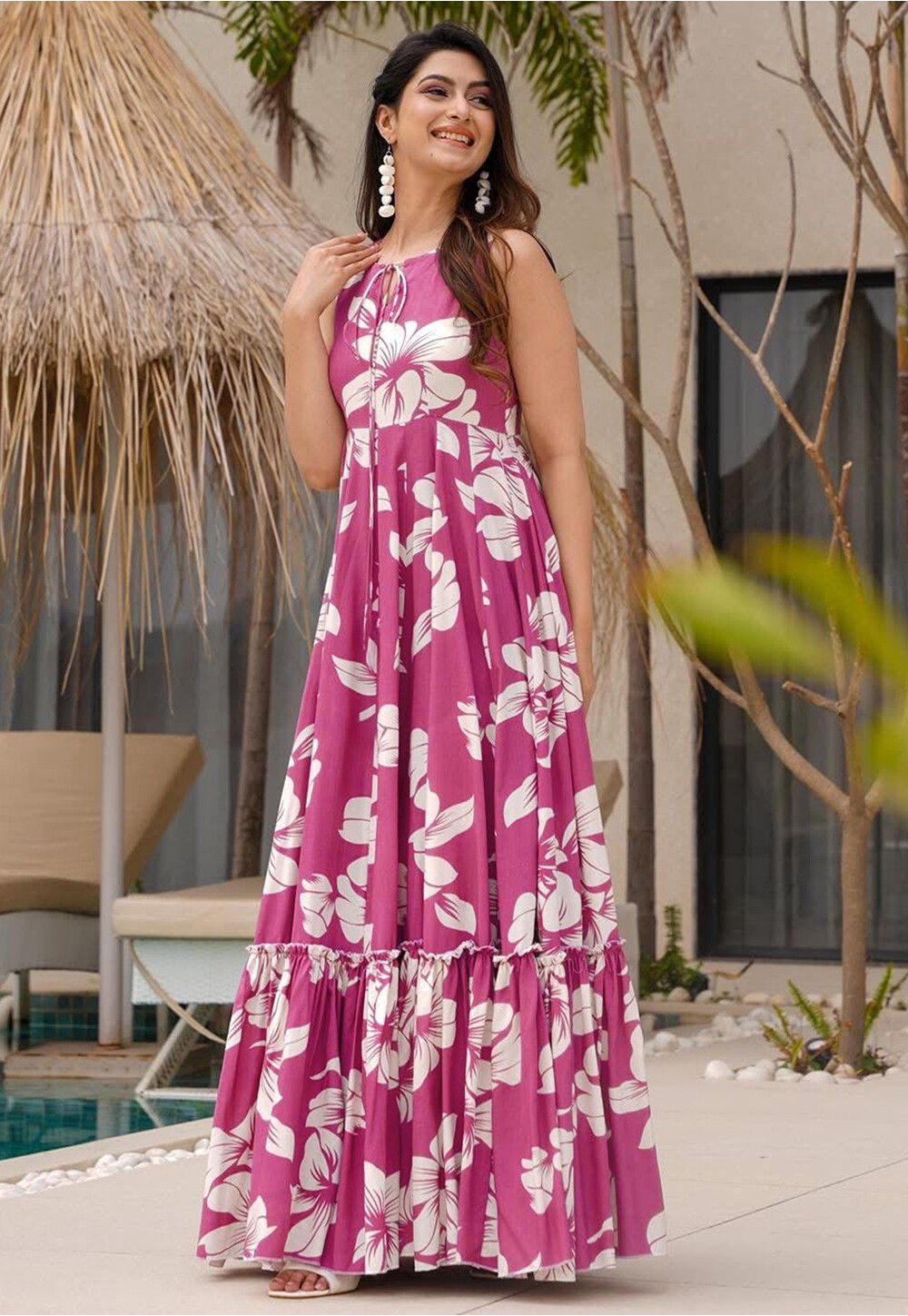 Buy Digital Printed Rayon Maxi Dress in Pink Online : TQH88 - Utsav Fashion