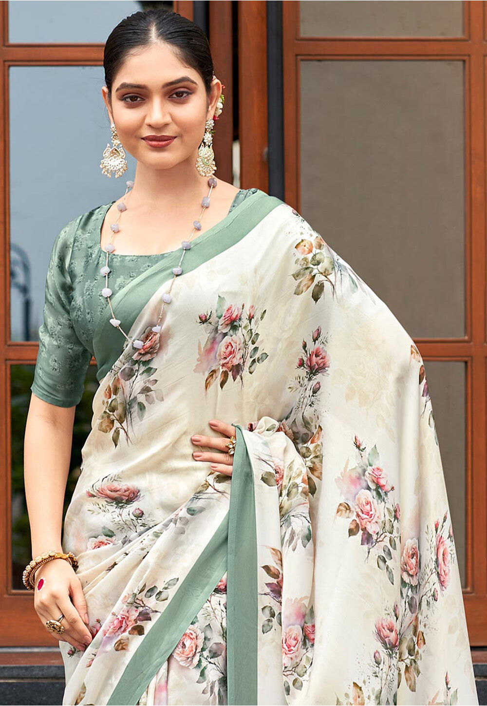 Buy Digital Printed Satin Crepe Saree in Off White Online : SPTA12580 ...