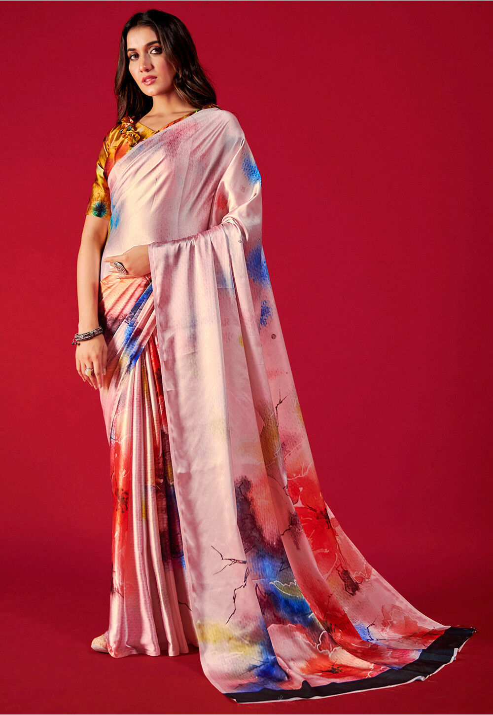 Buy Digital Printed Satin Crepe Saree in Peach Online : SSDA153 - Utsav ...