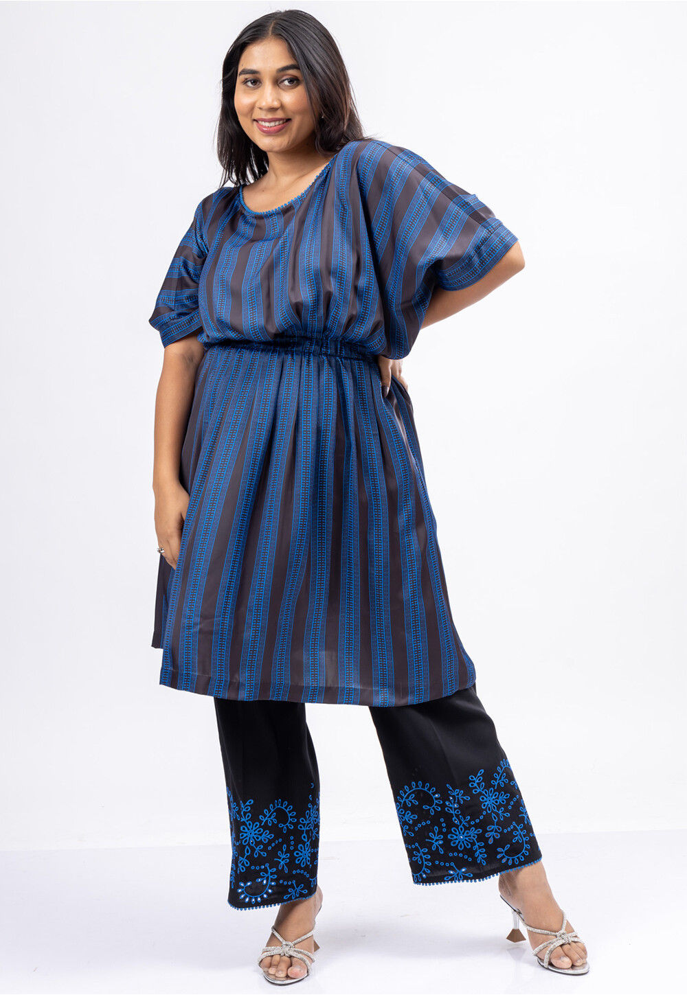 Buy Digital Printed Satin Crepe Tunic Set in Black and Blue Online ...