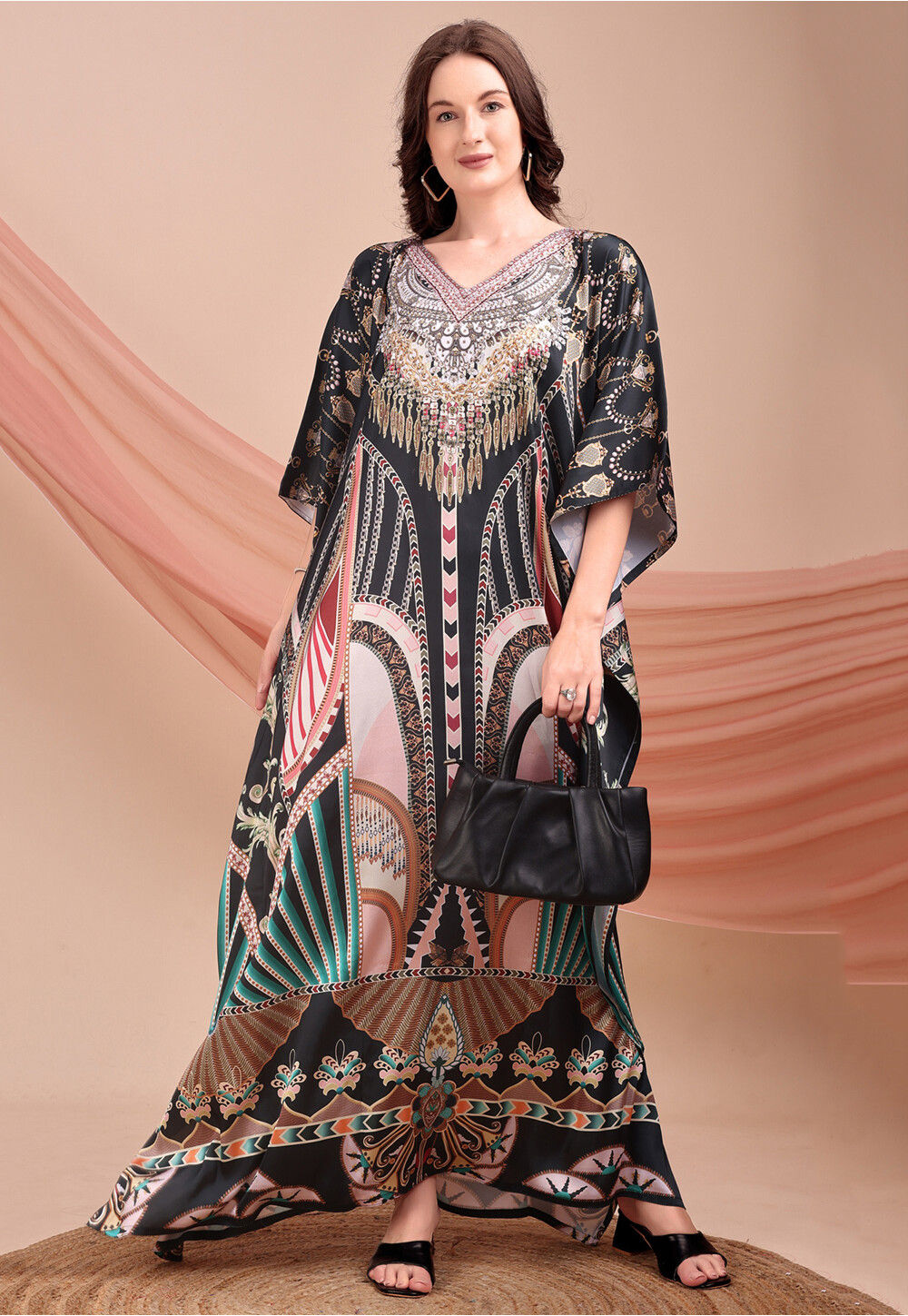 Buy Digital Printed Satin Kaftan in Black Online : TDP829 - Utsav Fashion