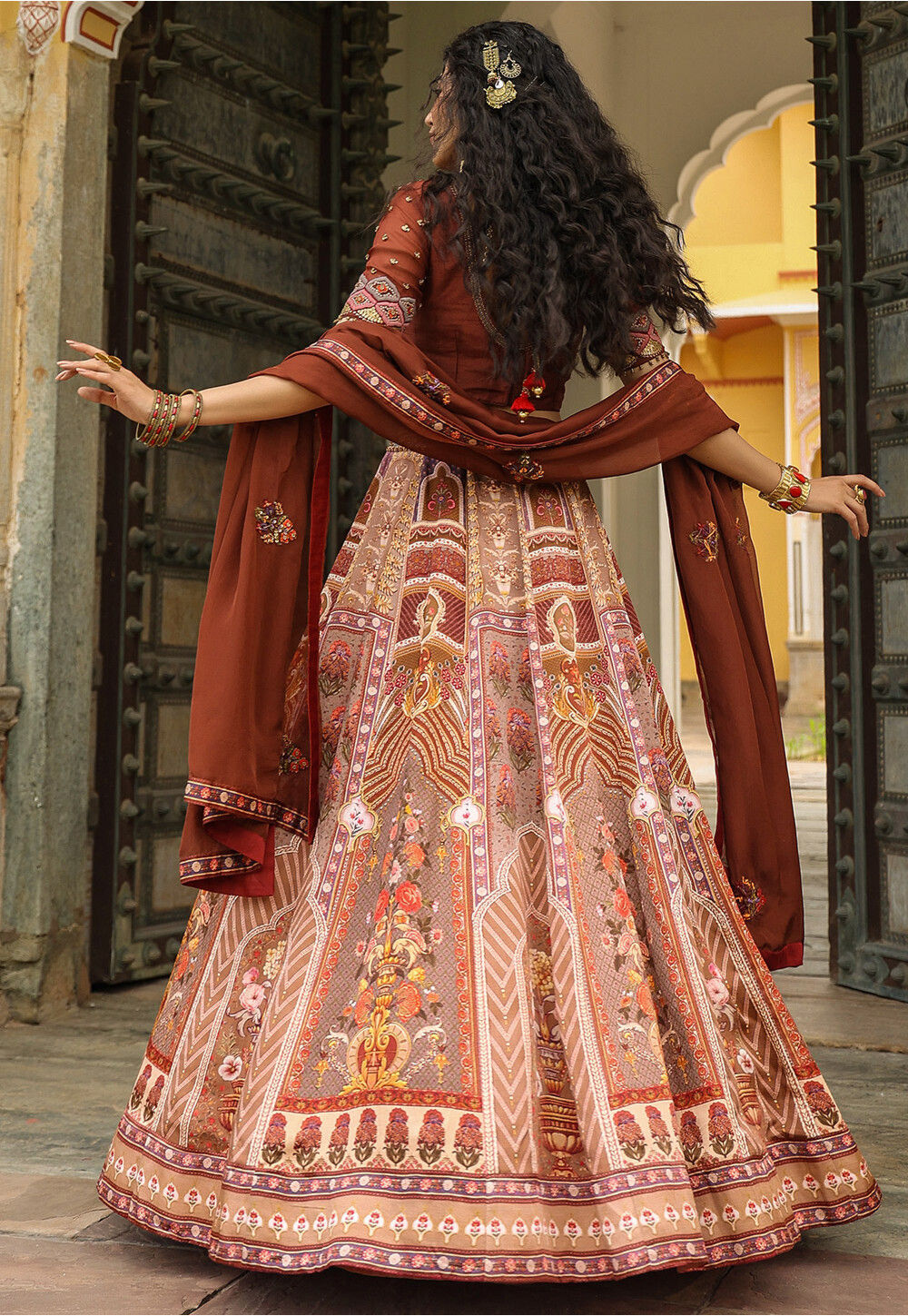 Buy Digital Printed Satin Lehenga in Peach Online : LJJ132 - Utsav Fashion