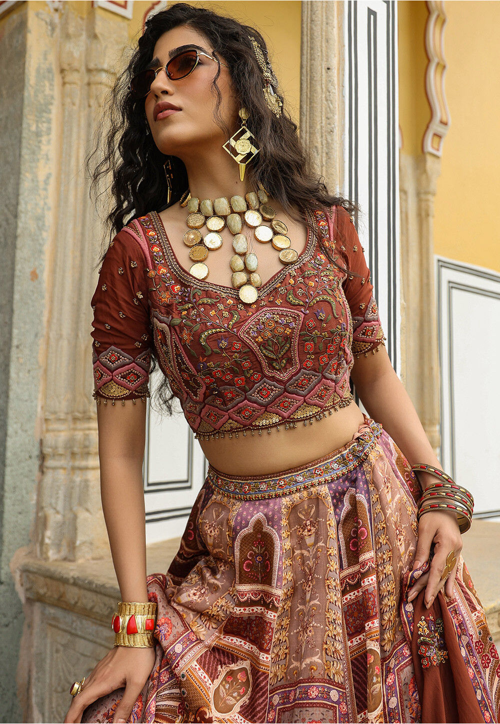 Buy Digital Printed Satin Lehenga in Peach Online : LJJ132 - Utsav Fashion