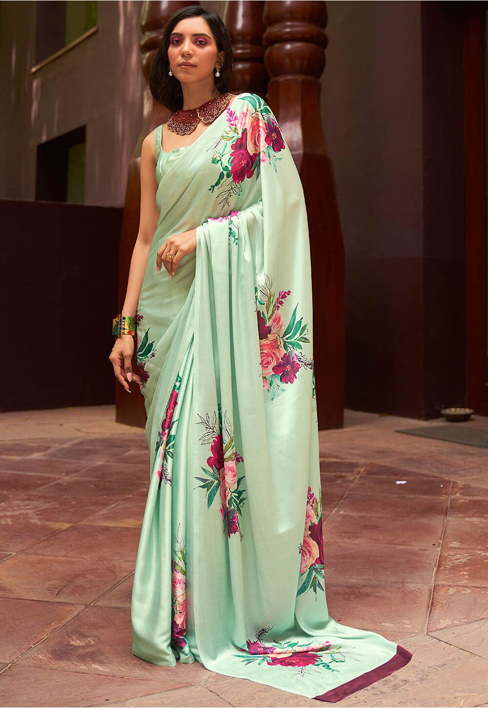 Buy Digital Printed Satin Saree in Pastel Green Online : SYC10530 ...