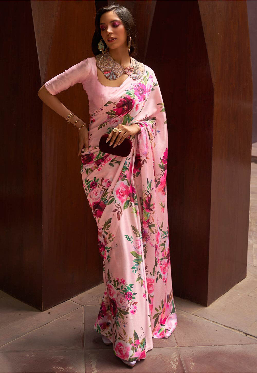 Buy Digital Printed Satin Saree in Pink Online : SYC10527 - Utsav Fashion