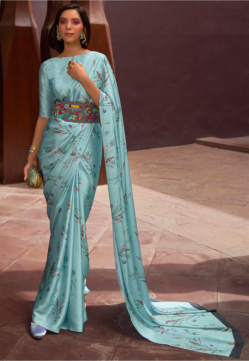 Buy Digital Printed Satin Saree in Sky Blue Online : SYC10531 - Utsav ...