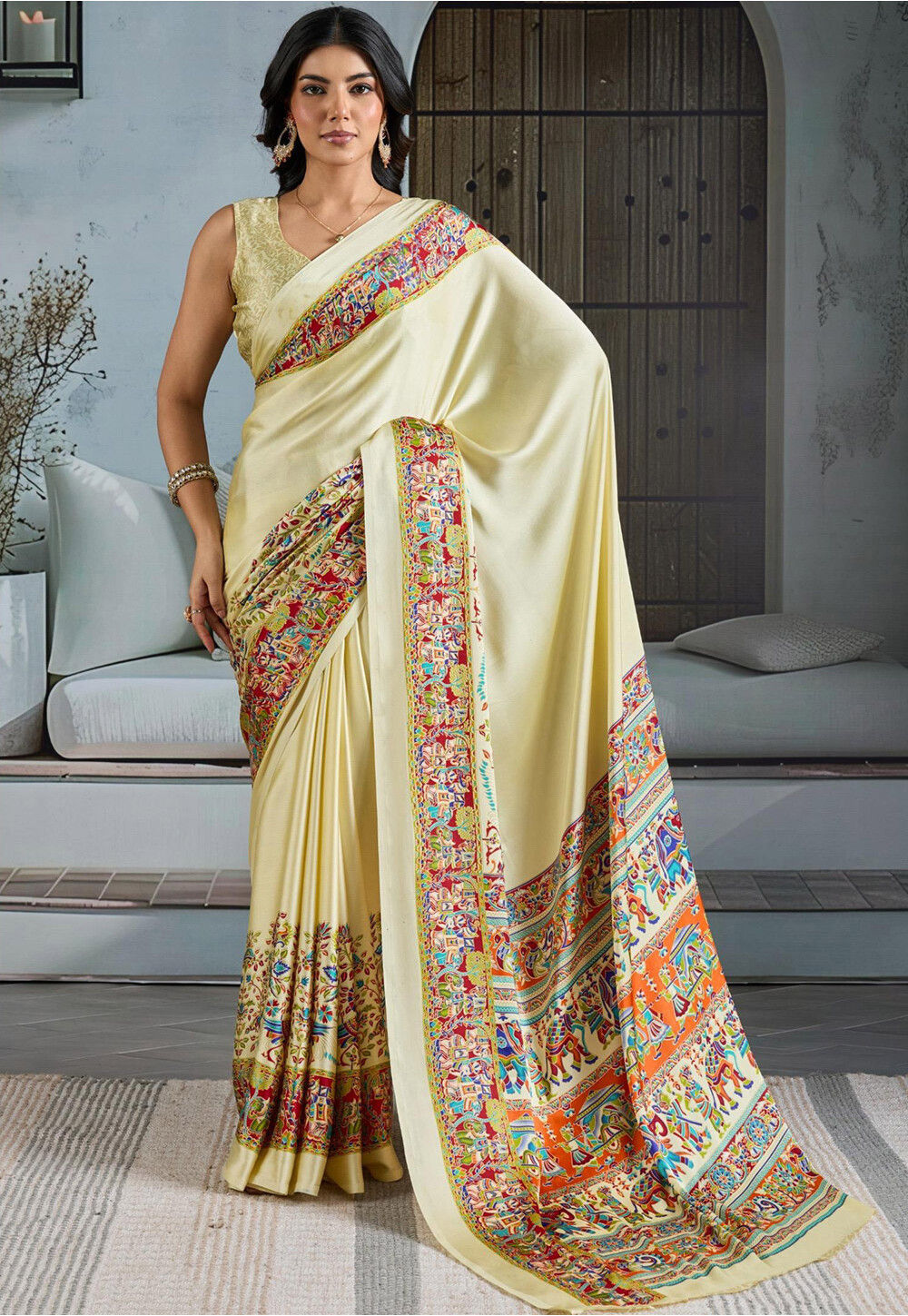 Buy Digital Printed Satin Silk Saree in Light Yellow Online : SSEA6444 - Utsav Fashion