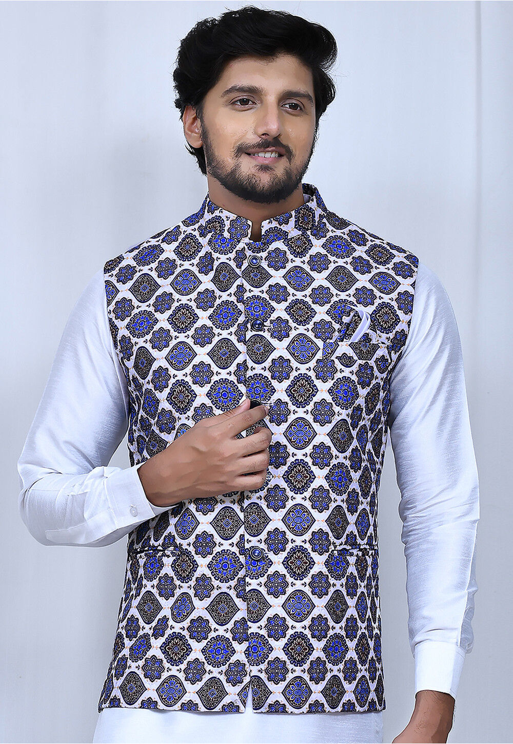 Buy Digital Printed Silk Nehru Jacket in White and Royal Blue Online ...