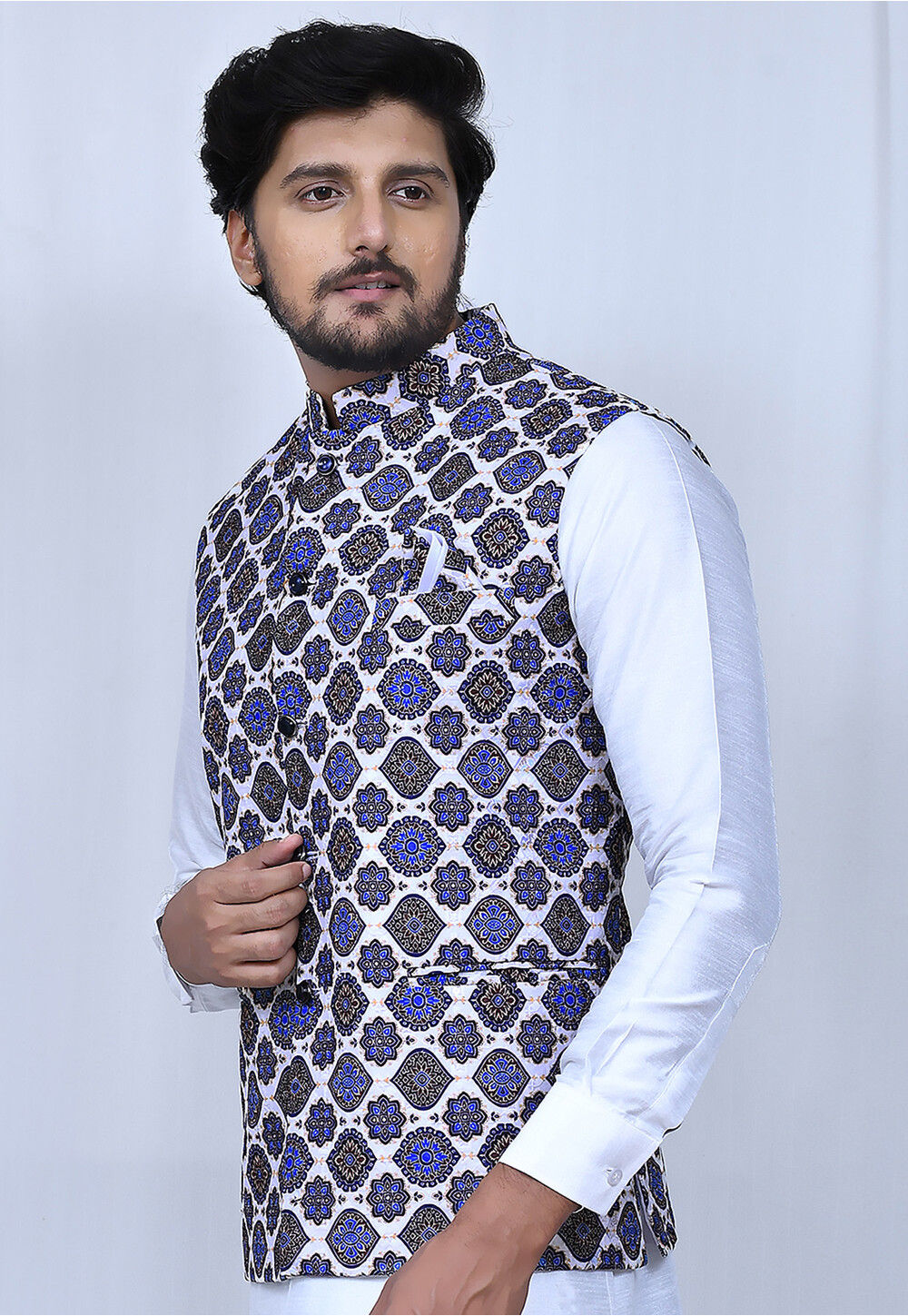 Buy Digital Printed Silk Nehru Jacket in White and Royal Blue Online ...