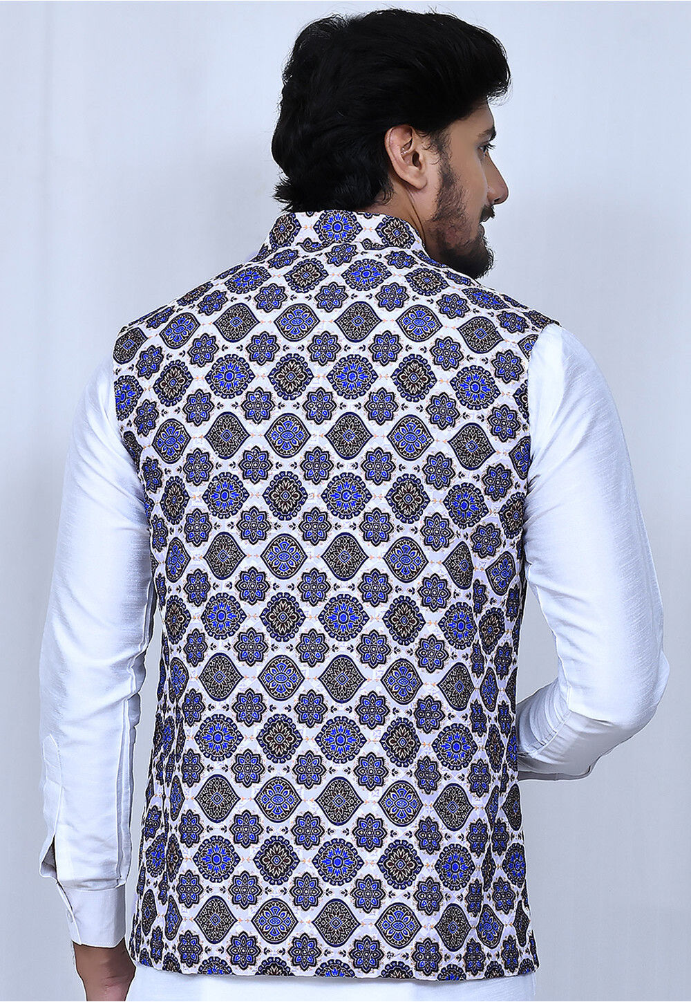 Buy Digital Printed Silk Nehru Jacket in White and Royal Blue Online : MTX2947 - Utsav Fashion