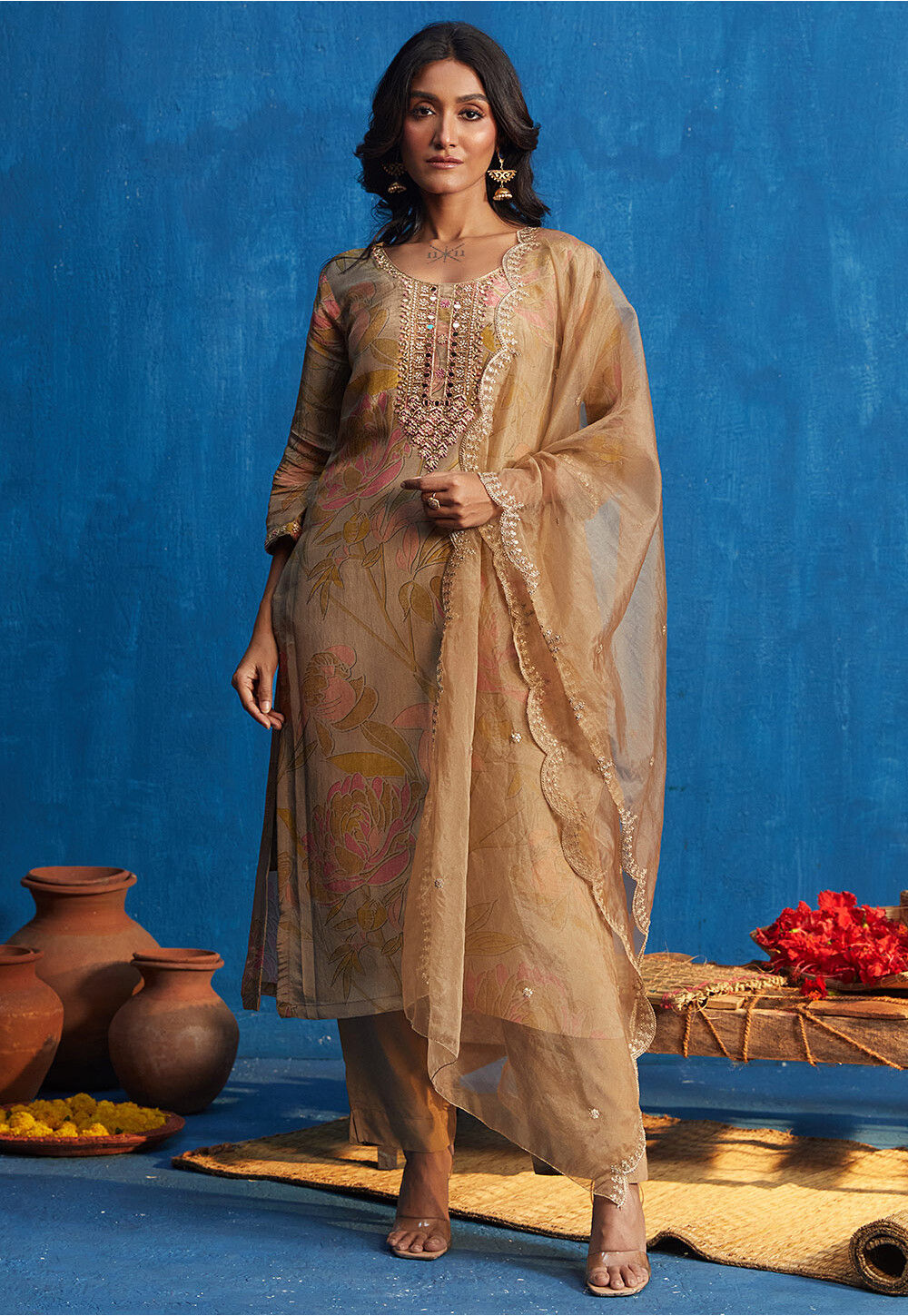 Buy Digital Printed Tissue Pakistani suit in Light Brown Online ...