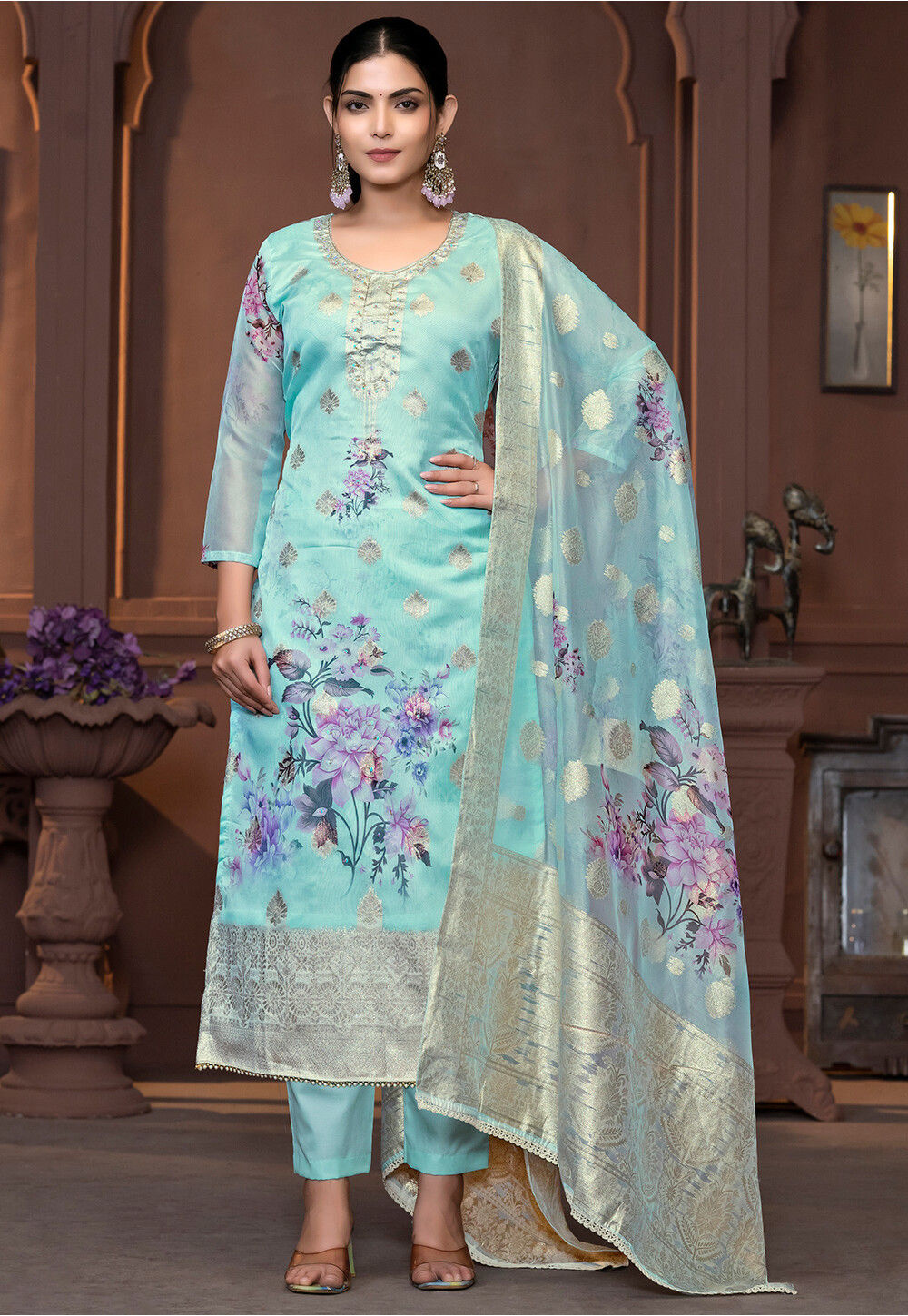 Buy Digital Printed Viscose Organza Jacquard Pakistani Suit in Sea ...