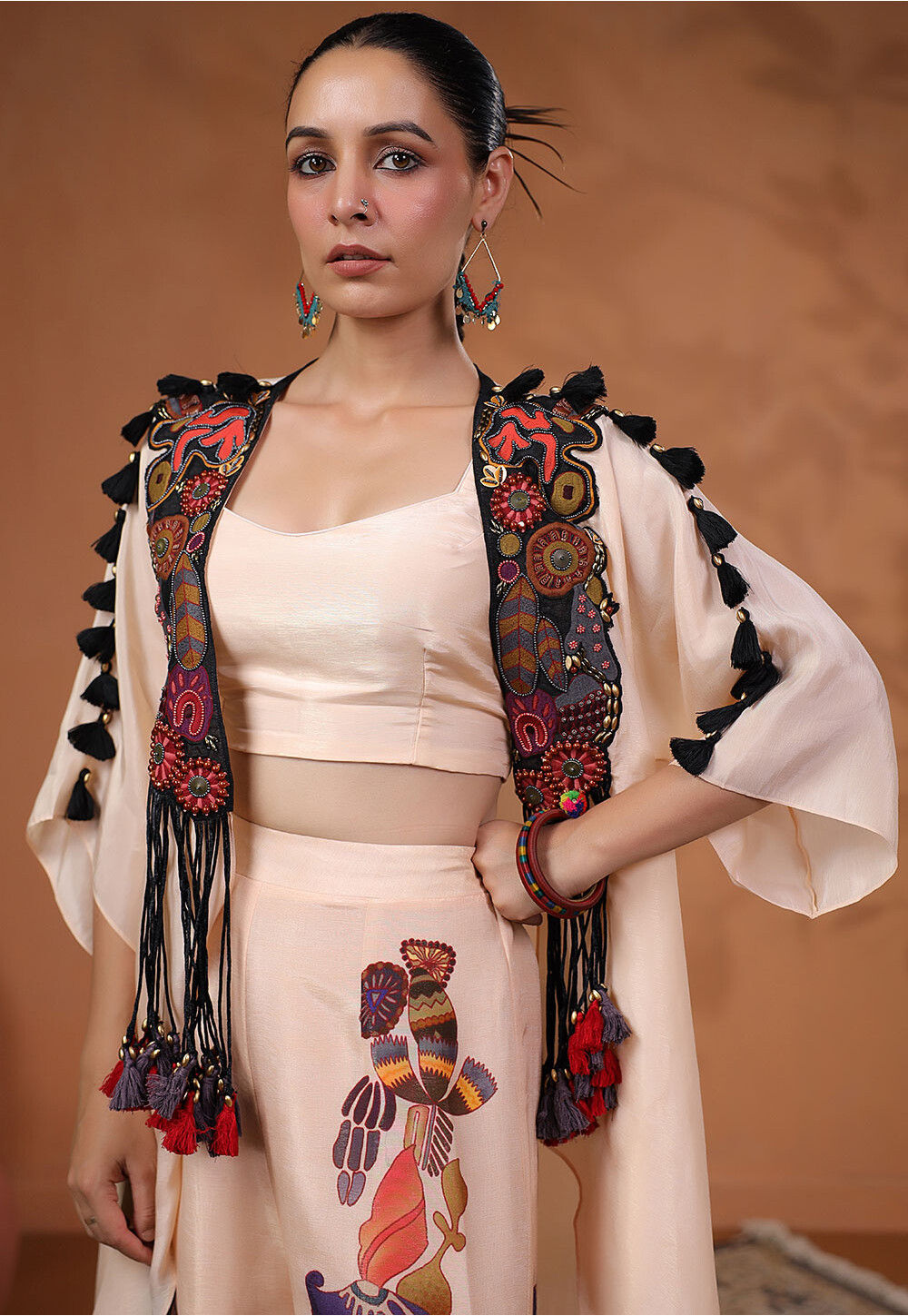 Buy Digital Printed Viscose Silk Crop Top Set in Light Beige Online ...