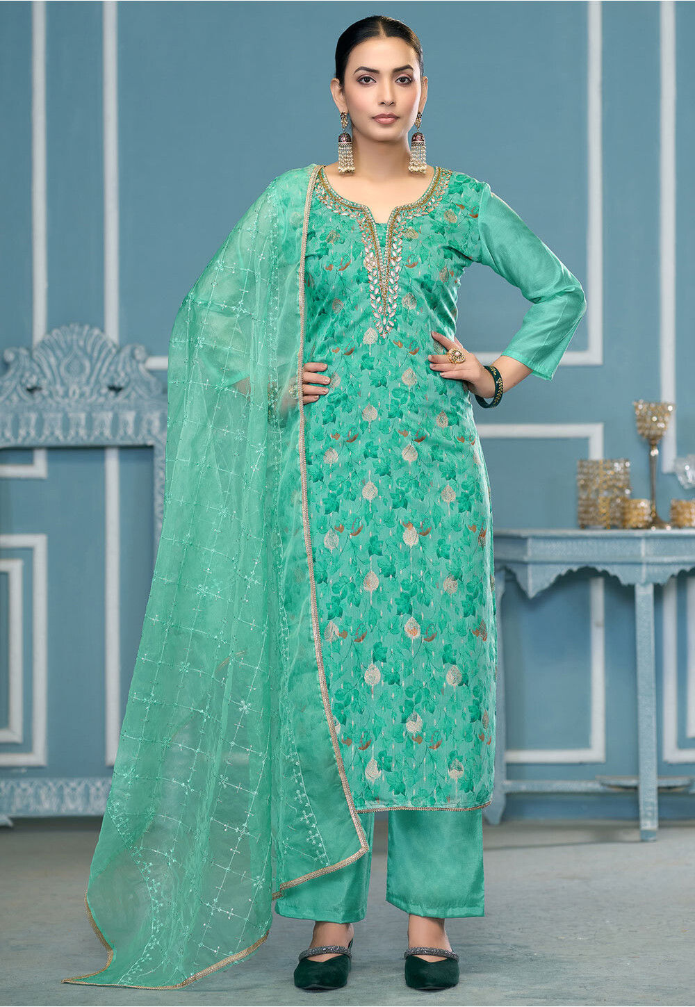 Buy Digital Printed Viscose Silk Pakistani Suit in Sea Green Online ...