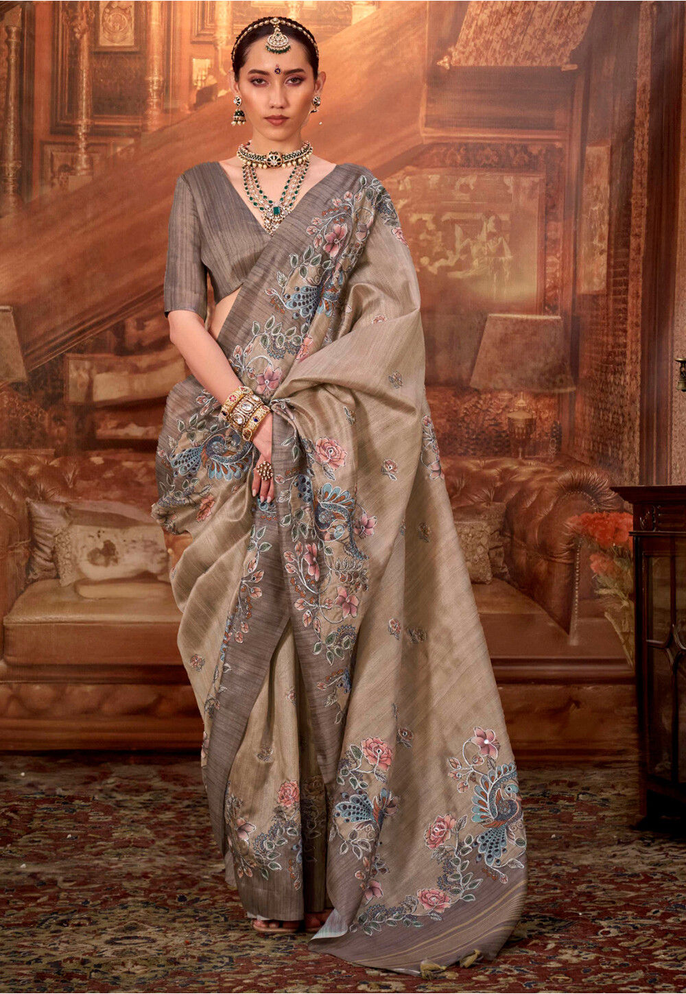 Buy Digital Printed Viscose Silk Saree in Fawn Online : SEW16442 ...