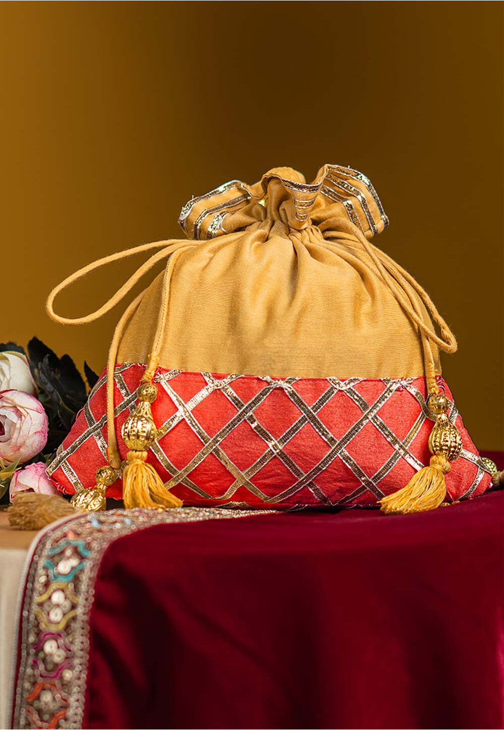 Embellished Art Silk Potli Bag in Yellow and Orange : DMQ352