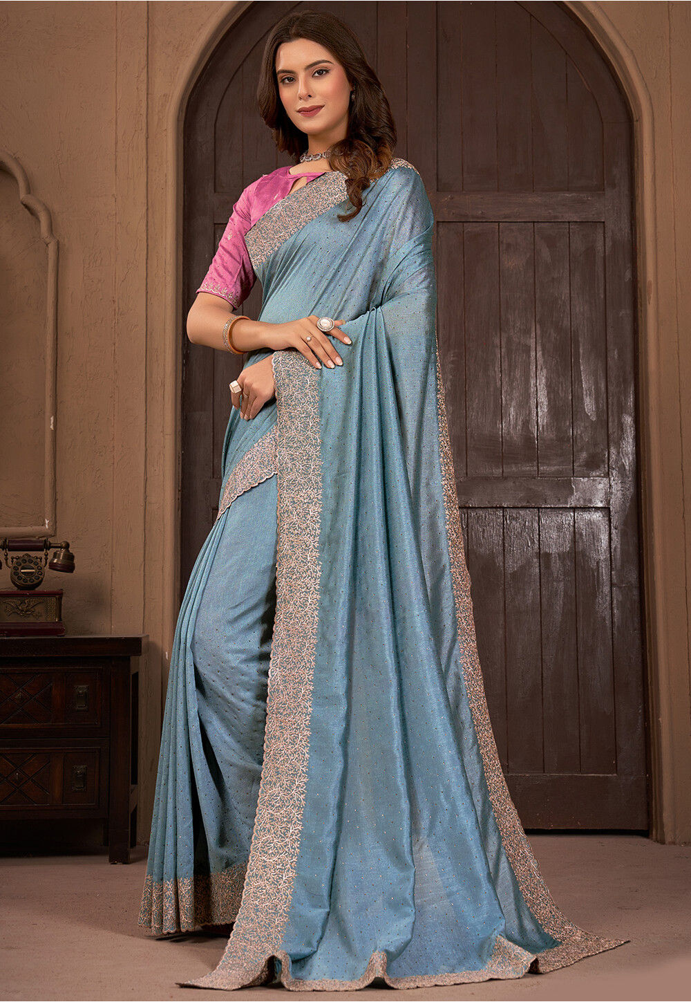 Buy Embellished Art Silk Scalloped Saree in Light Blue Online ...