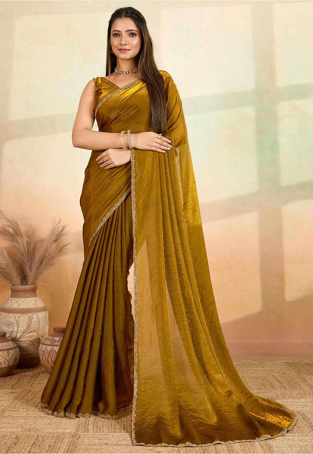 Buy Embellished Border Art Silk Saree in Mustard Online : SPF15371 ...